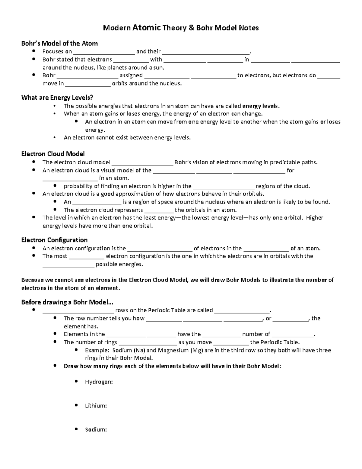 Notes Bohr Models and Lewis Dot Structures - Modern Atomic Theory ...
