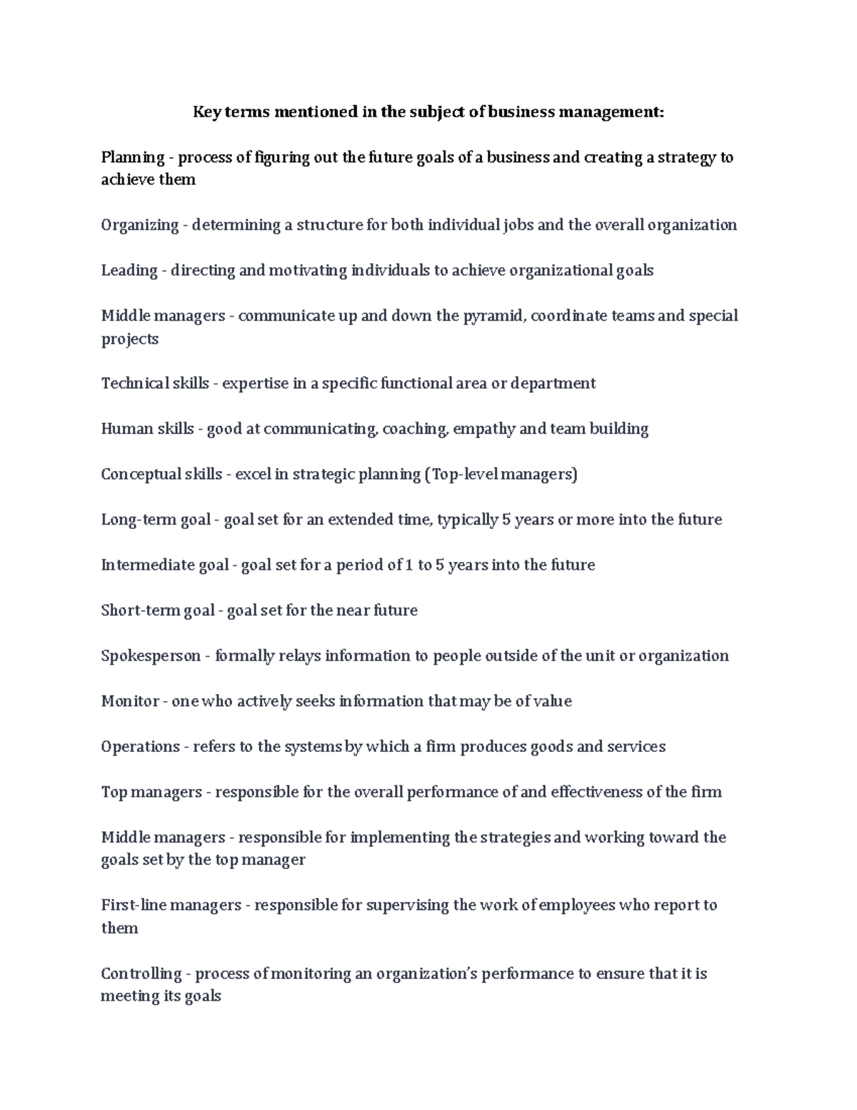 Business Management - Key Terms - Key terms mentioned in the subject of ...
