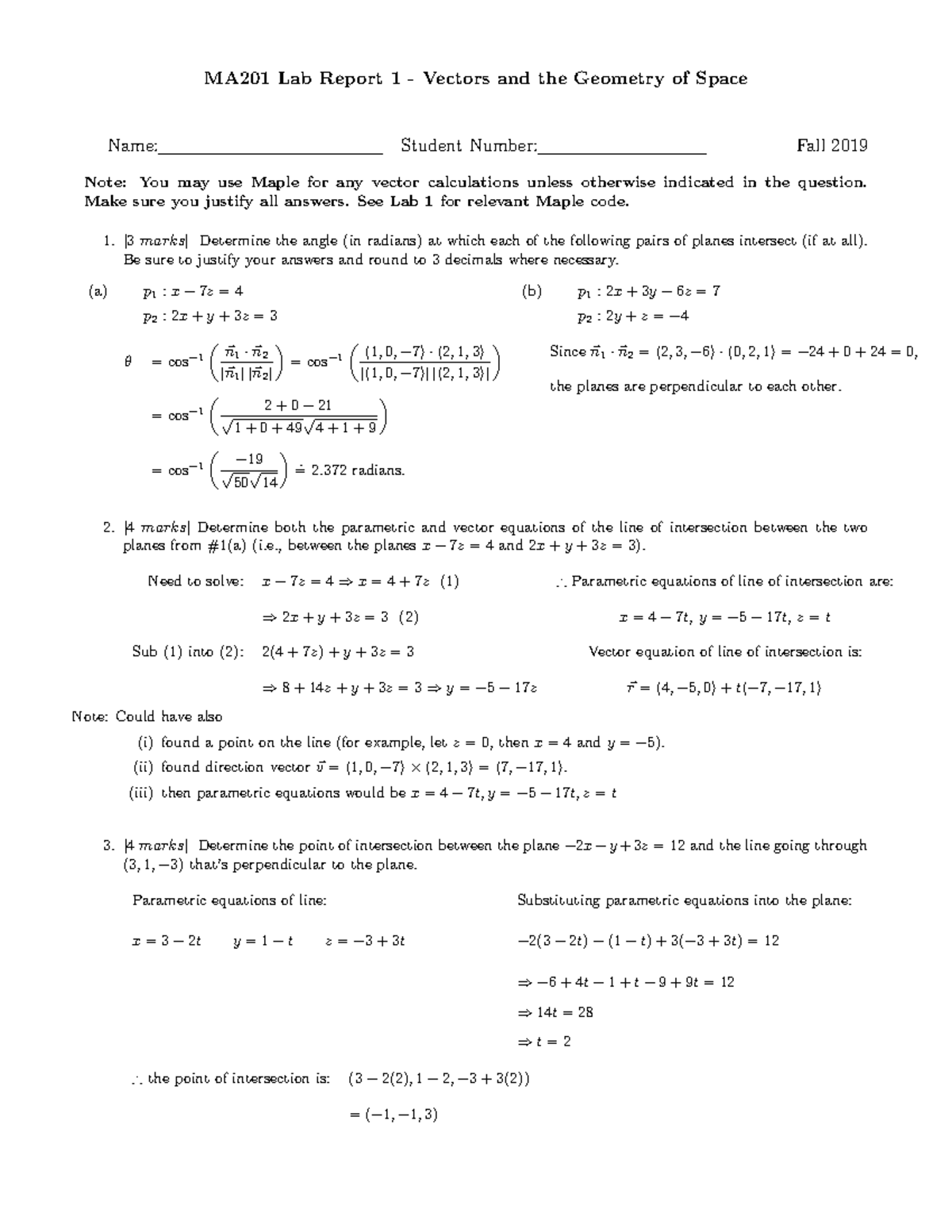 201lab2solns F 19 - blabla - MA201 Lab Report 1 - Vectors and the Geometry of Space Name ...