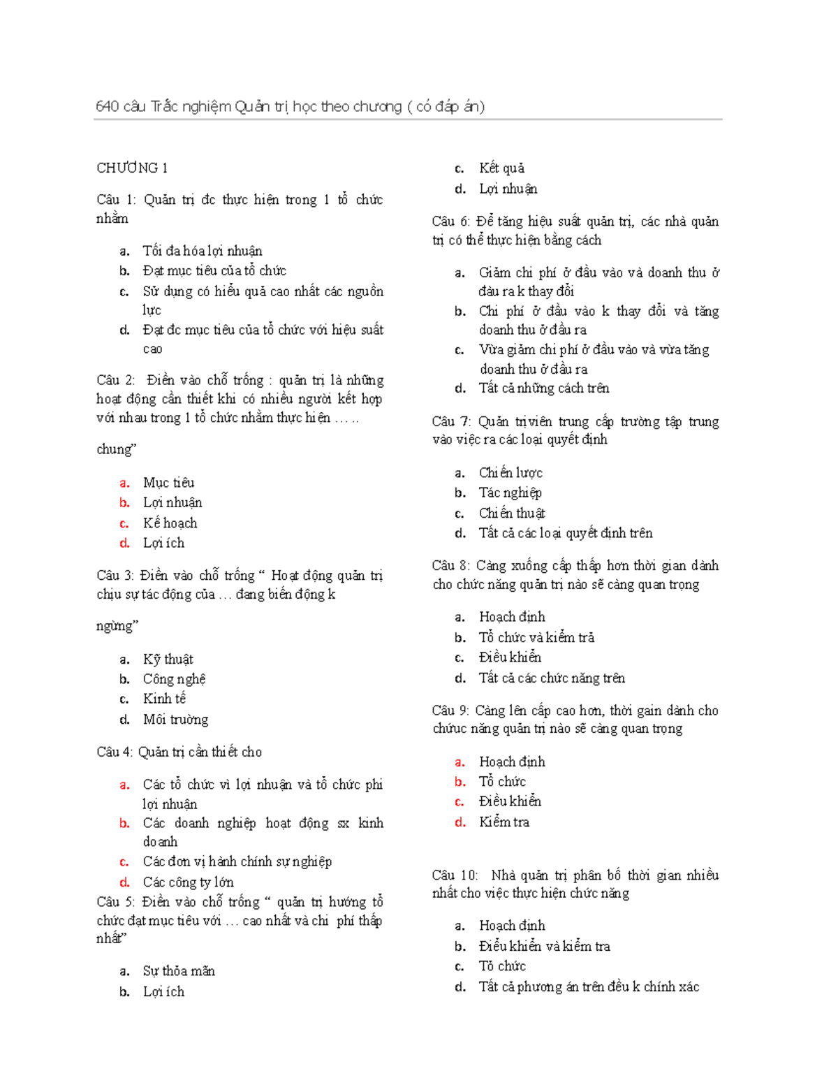 640 quản trị học ko đáp án - 640 câu Tr ắc nghi ệm Qu ản tr h ị ọc theo ch ương ( có đáp án ...