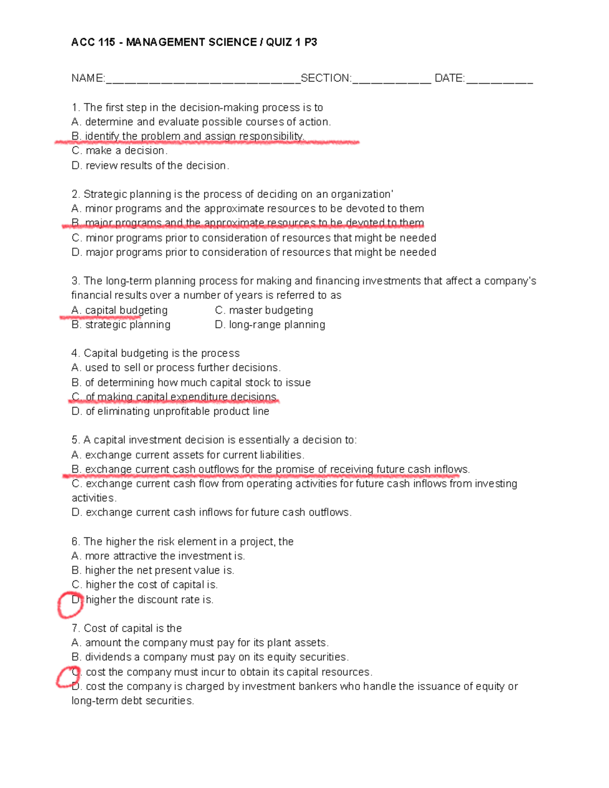 P3 Quiz 1 1 - ACC 115 - MANAGEMENT SCIENCE / QUIZ 1 P NAME:________SECTION: DATE: The first step ...