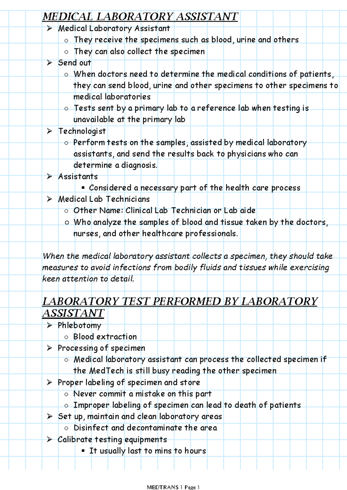 MT1 1ST SEM - MEDICAL LABORATORY ASSISTANT Medical Laboratory Assistant ...