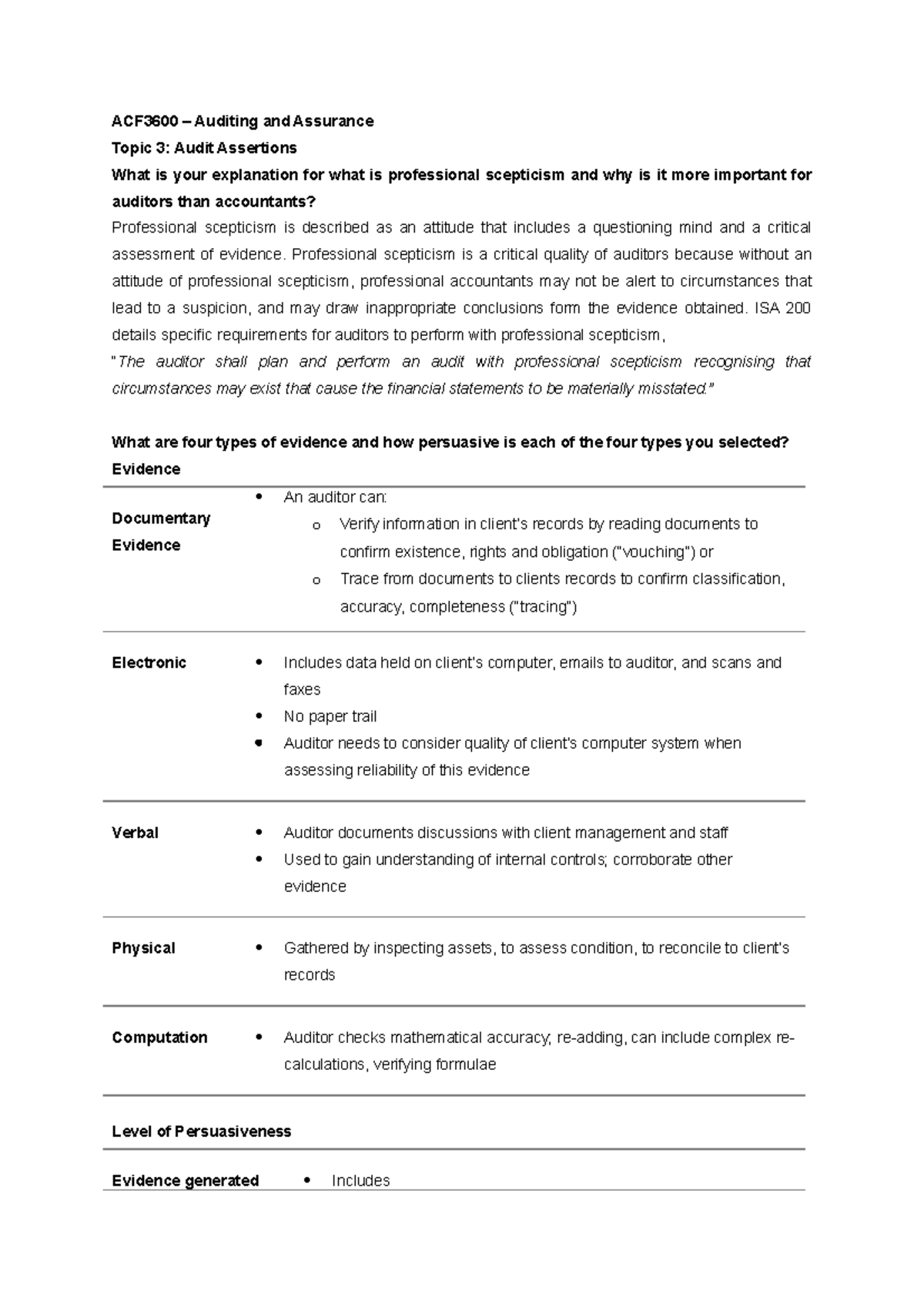 ACF3600 WEEK 3 KEY QS - ACF3600 – Auditing and Assurance Topic 3: Audit ...