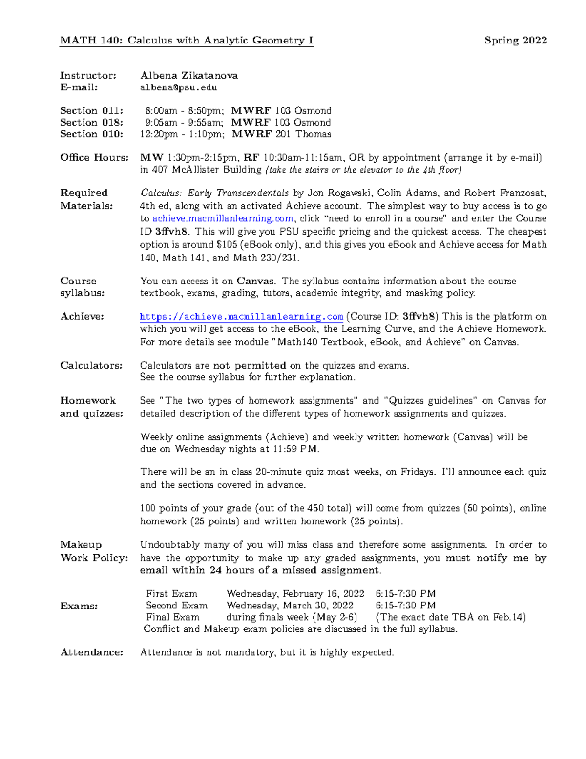 Math140 sp22 Zikatanova Syllabus - MATH 140: Calculus with Analytic ...