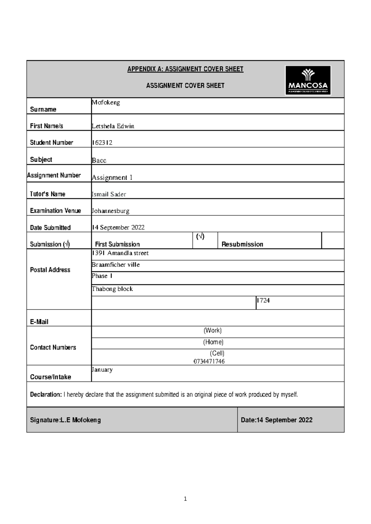 Auditing 3B - Online Summative Assessment - APPENDIX A: ASSIGNMENT COVER SHEET ASSIGNMENT COVER ...
