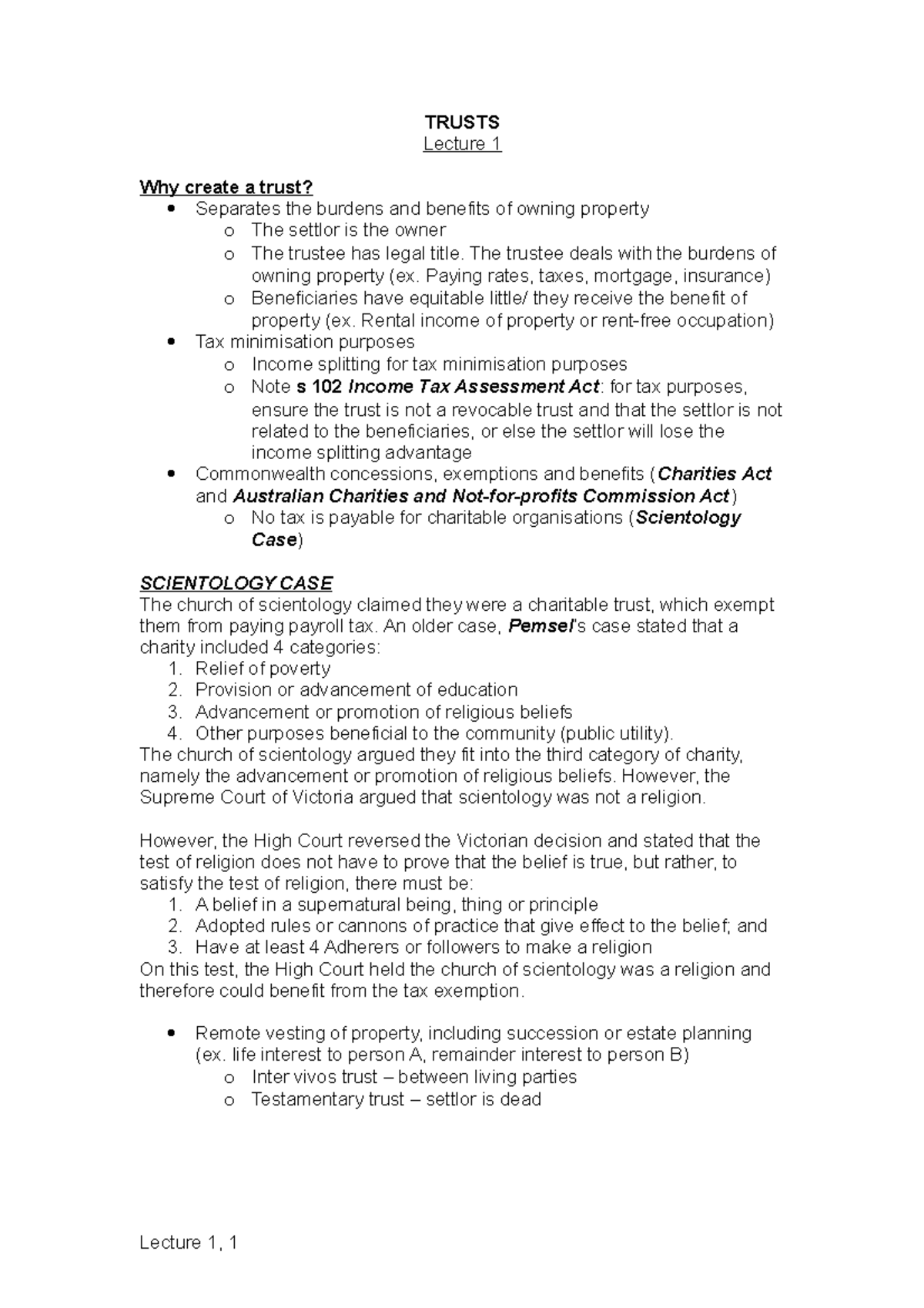 Trusts L1 - trust lecture - TRUSTS Lecture 1 Why create a trust ...