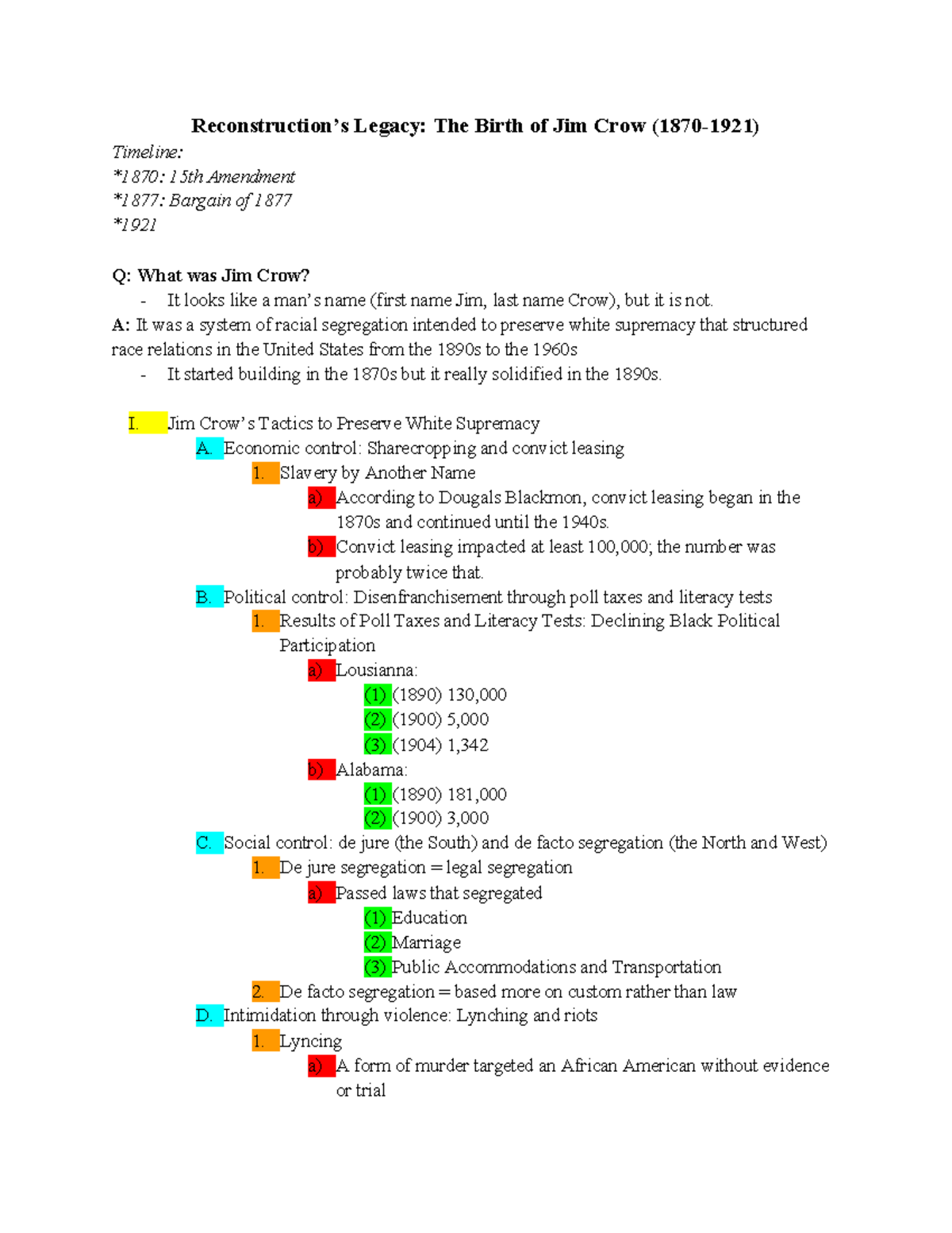 Notes: The Birth of Jim Crow - Reconstruction’s Legacy: The Birth of ...