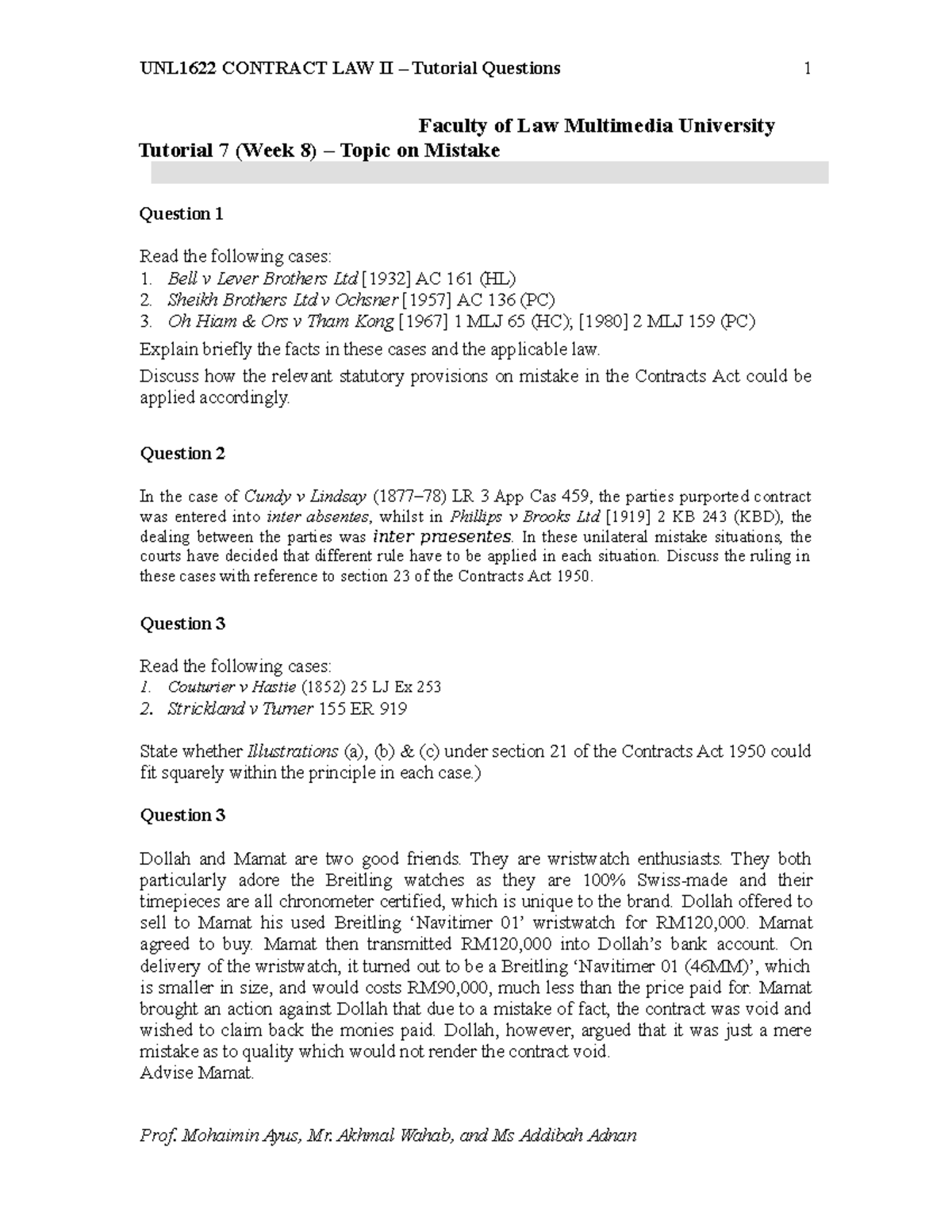 2022 Contract II - Tutorial 7 (Week 8) question only without answer ...