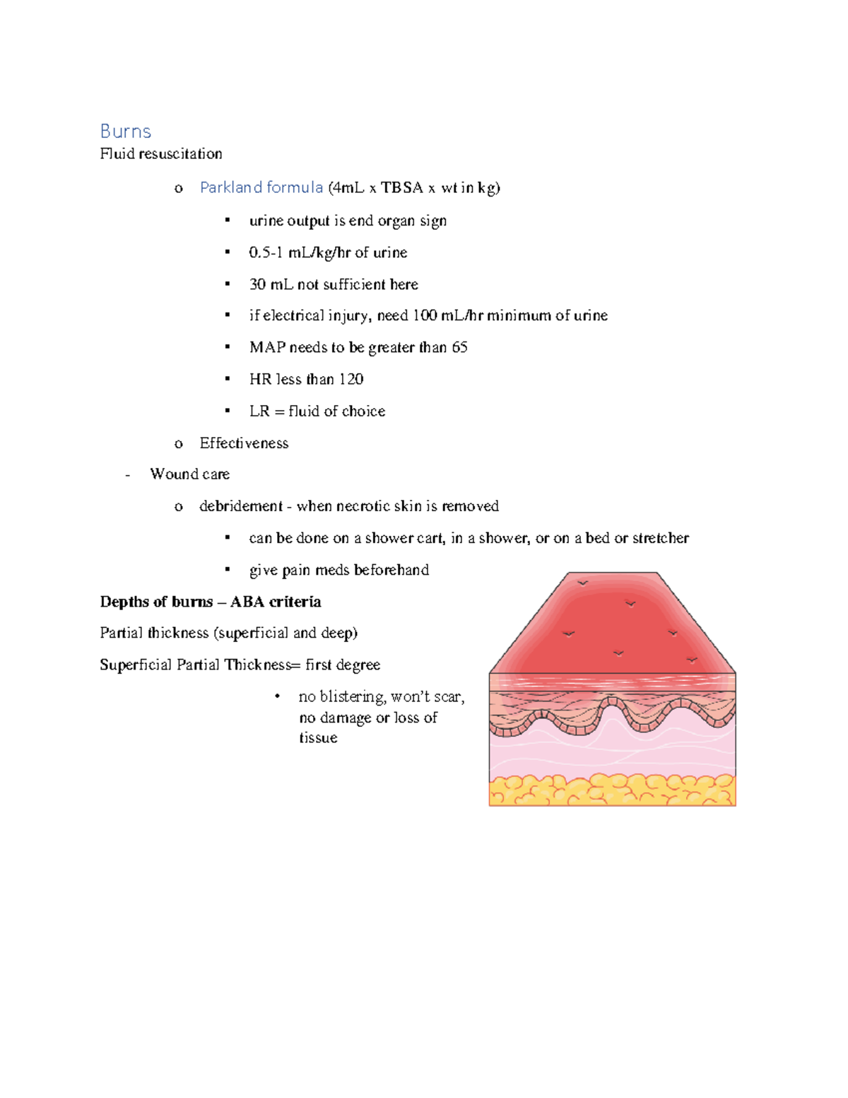 Burns Study Guide - Burns Fluid resuscitation o Parkland formula (4mL x ...