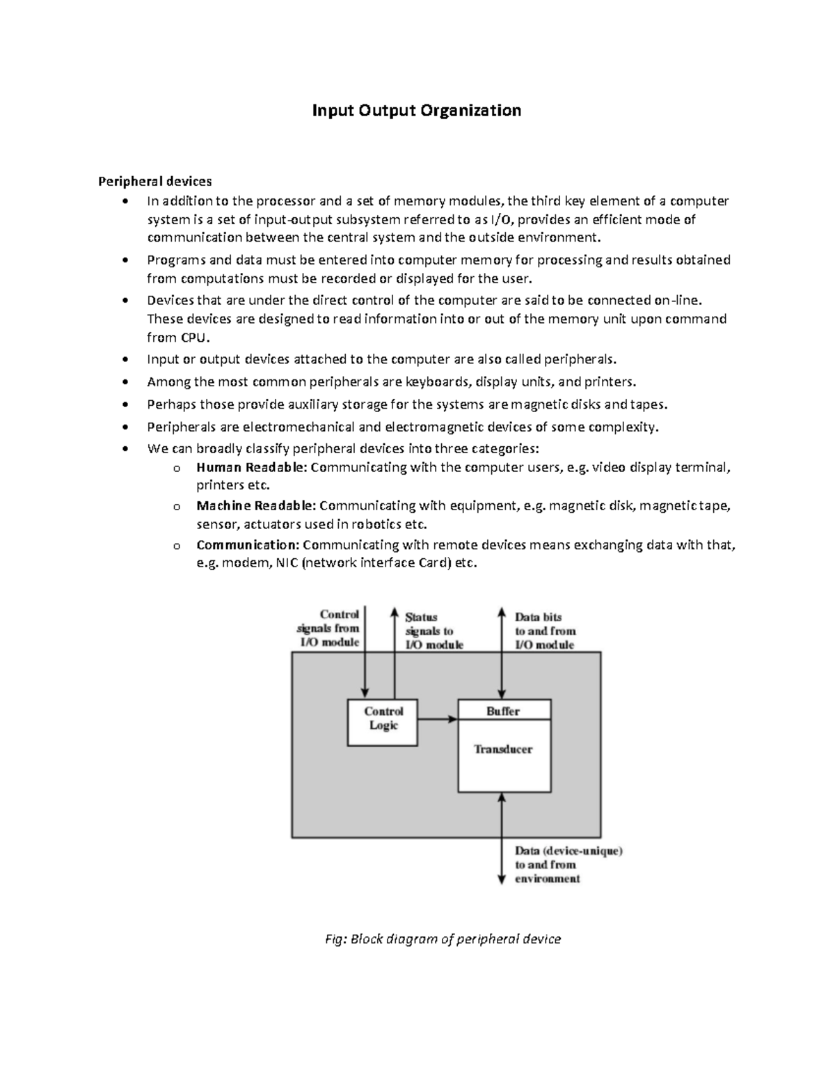 CA- Chapter 7 Input Output Organization - Input Output Organization Peripheral devices In ...