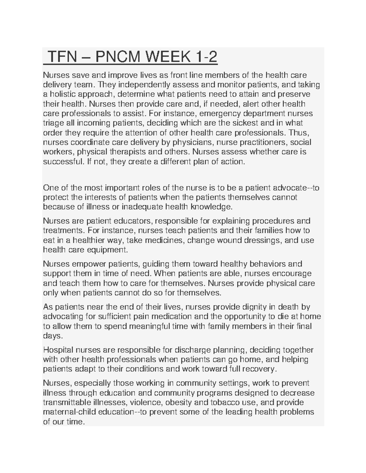 TFN PNCM Module Compilations - TFN 3 PNCM WEEK 1- Nurses save and ...