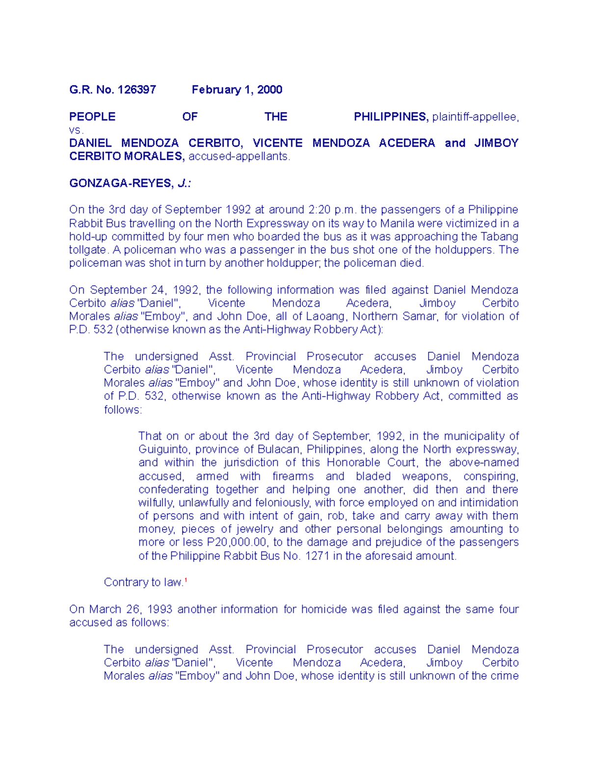 CASE DIGEST of different Cases - G. No. 126397 February 1, 2000 PEOPLE ...