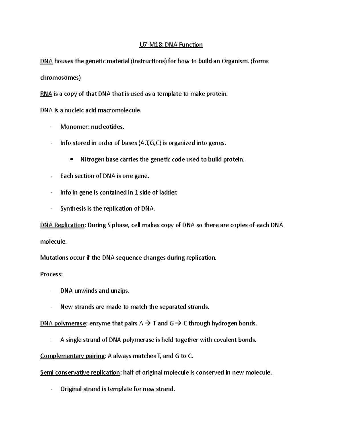 C190 Module 18: DNA Function - U7-M18: DNA Function DNA houses the ...
