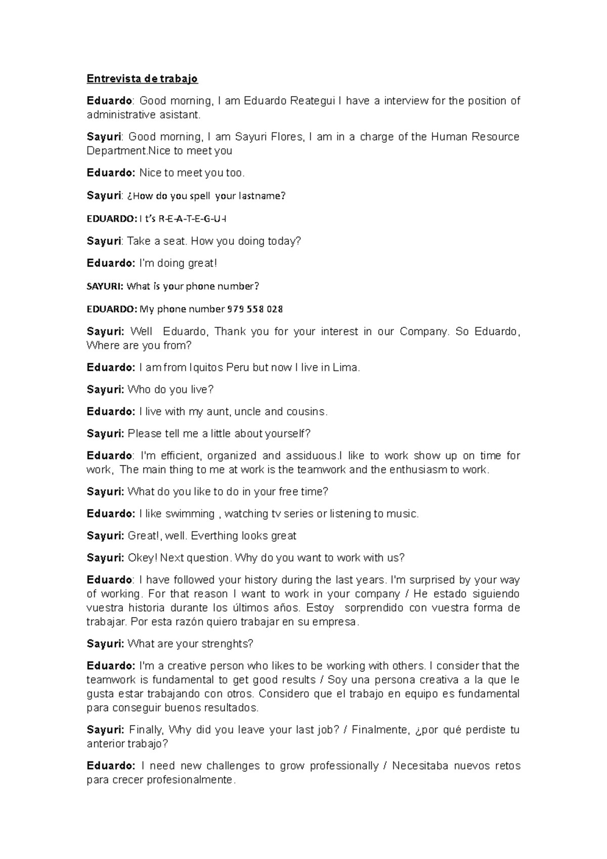 Entrevista de trabajo ingles (1) - Entrevista de trabajo Eduardo : Good ...