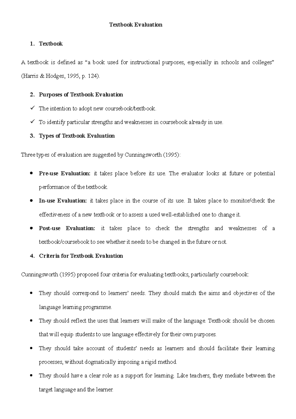 Textbook Evaluation - Textbook Evaluation Textbook A textbook is ...