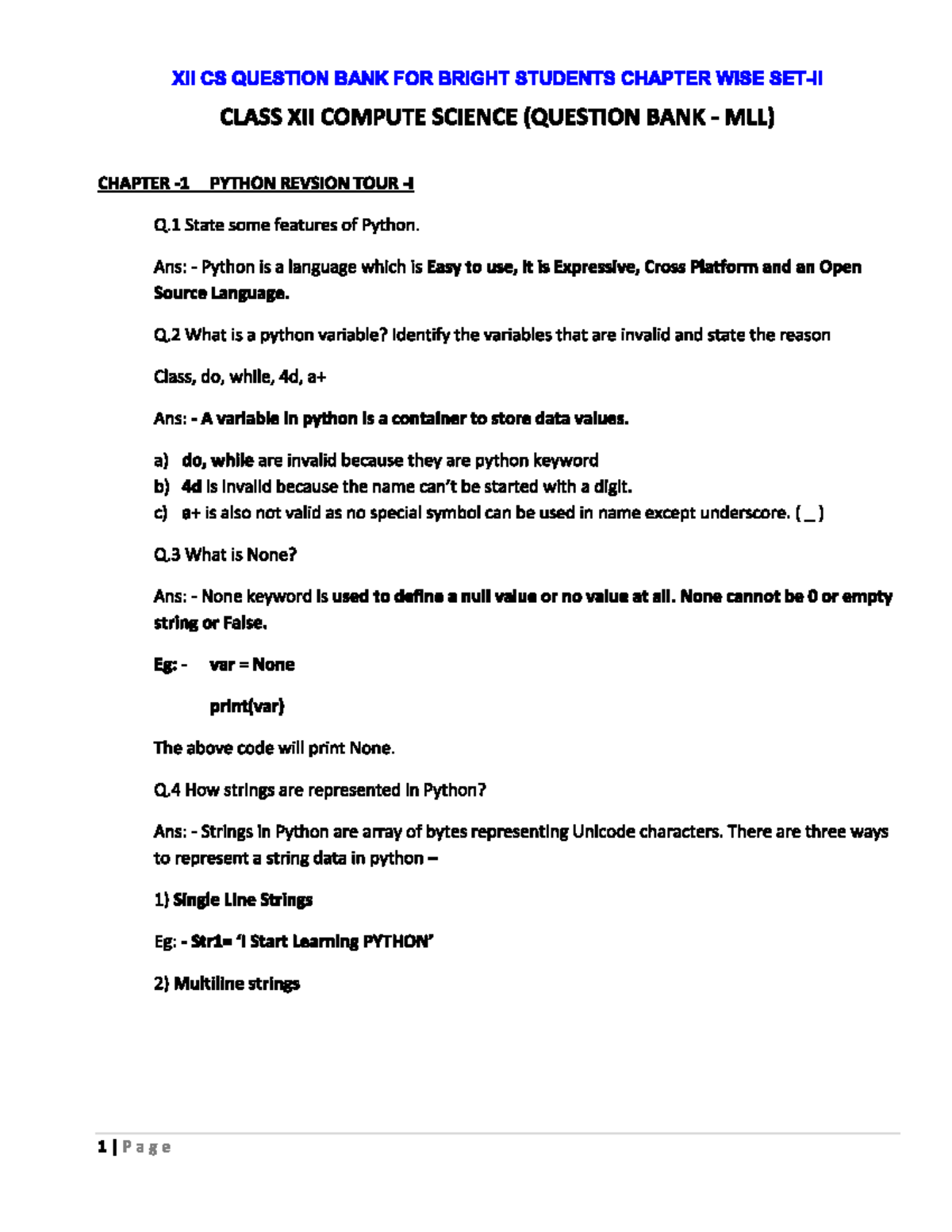 XII CS Question BANK FOR Bright Students Chapter WISE - Masters of Computer Application - Studocu