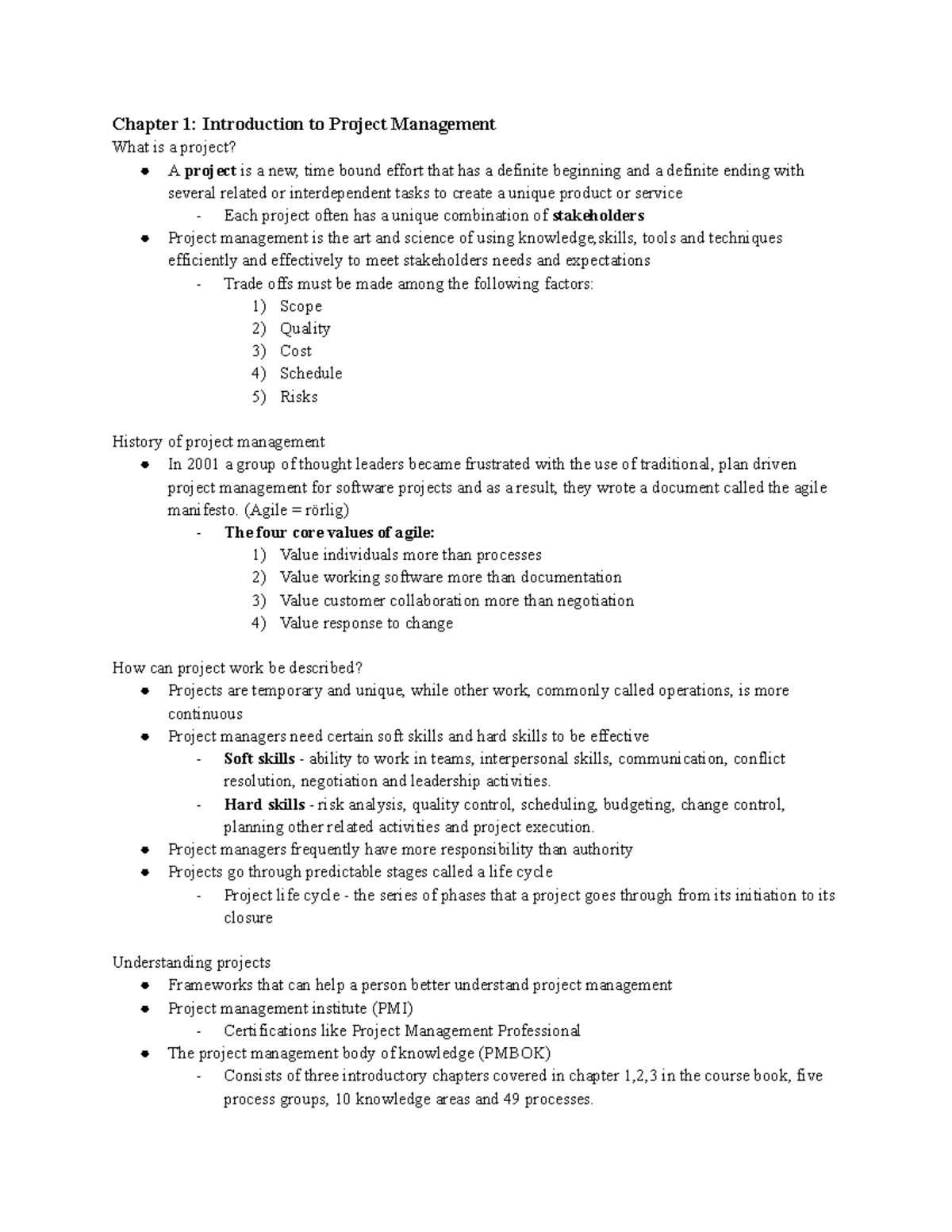 Summary - CPM - Course book - Chapter 1: Introduction to Project ...