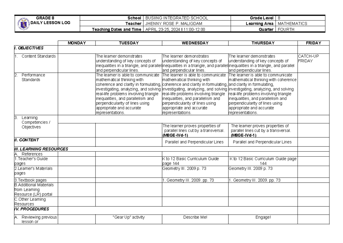 DLL LC51 Fourth -DAY1-4 - GRADE 8 DAILY LESSON LOG School BUSIING ...