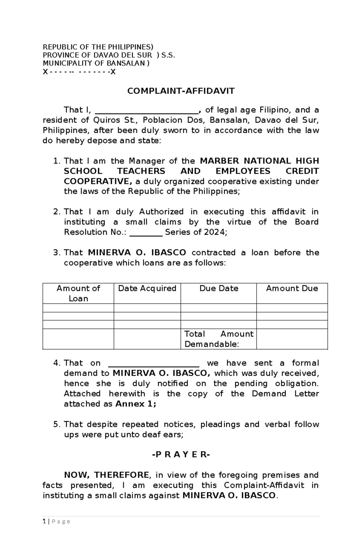 Complaint Affidavit- for small Claims - REPUBLIC OF THE PHILIPPINES) PROVINCE OF DAVAO DEL SUR ...