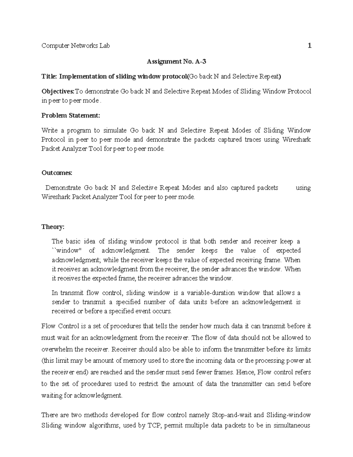 Cn lab manual a3 go back and arq - Assignment No. A- 3 Title: Implementation of sliding window ...