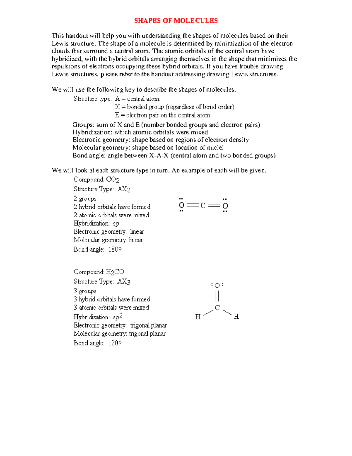Shapes of molecules - Chimie - SHAPES OF MOLECULES This handout will ...