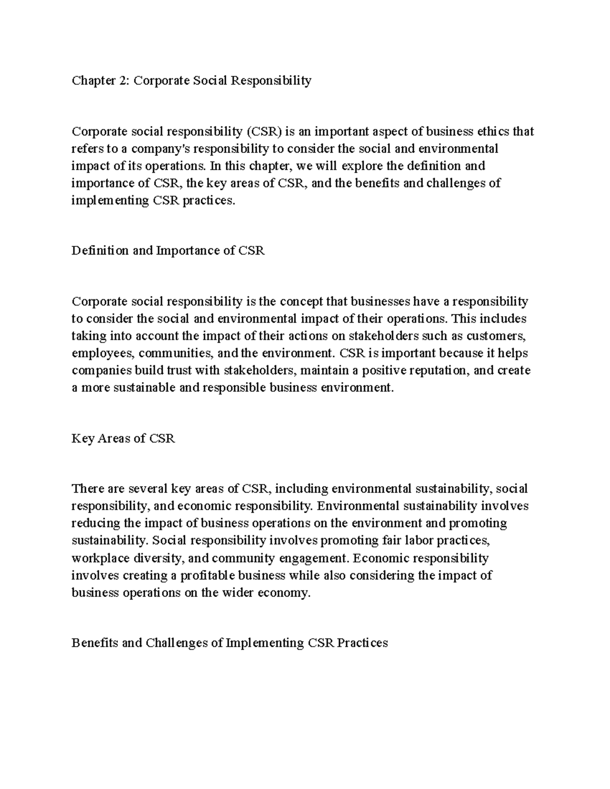 Chapter 2 ethics - Chapter 2: Corporate Social Responsibility Corporate ...