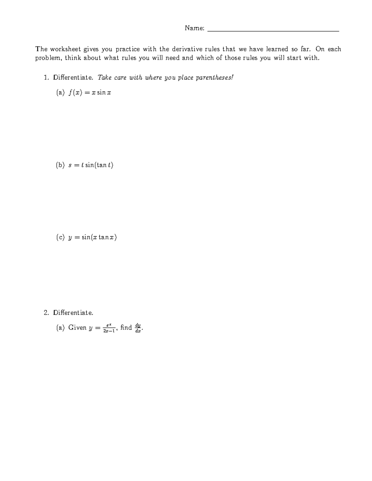 M132 Derivative Practice - LPN 1010 - Name: The worksheet gives you ...