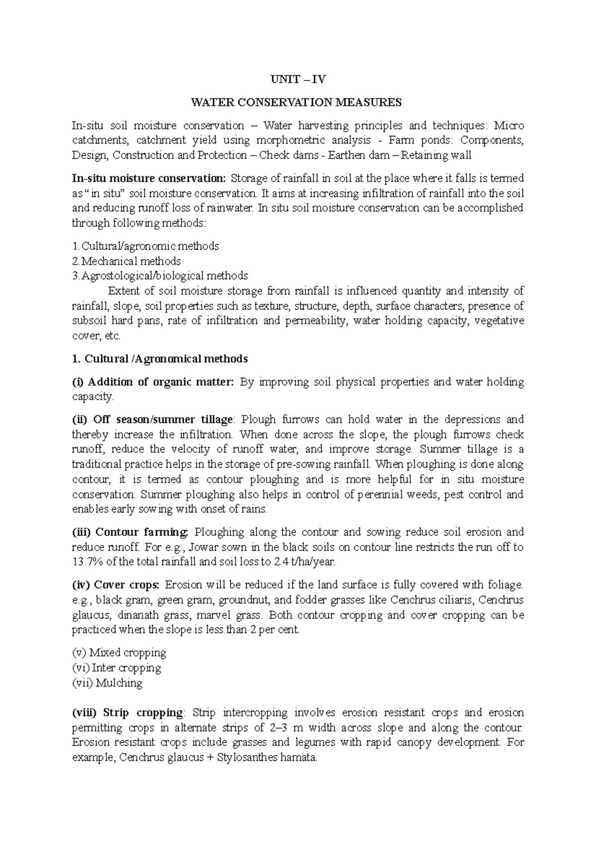 UNIT -IV Water Conservation Measures - UNIT – IV WATER CONSERVATION ...