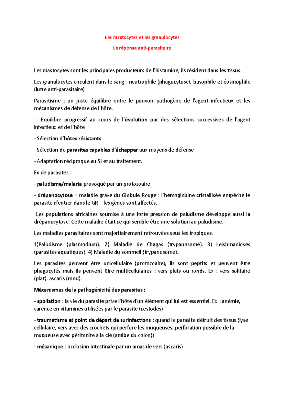 Les mastocytes et les granulocytes la réponse anti-parasitaire - Les ...