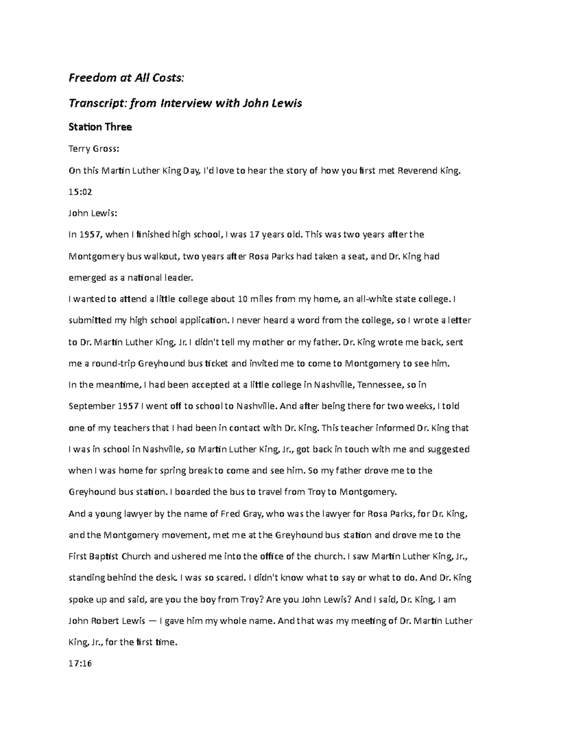 From Interview with John Lewis Station Three-1 (1) - Freedom at All ...