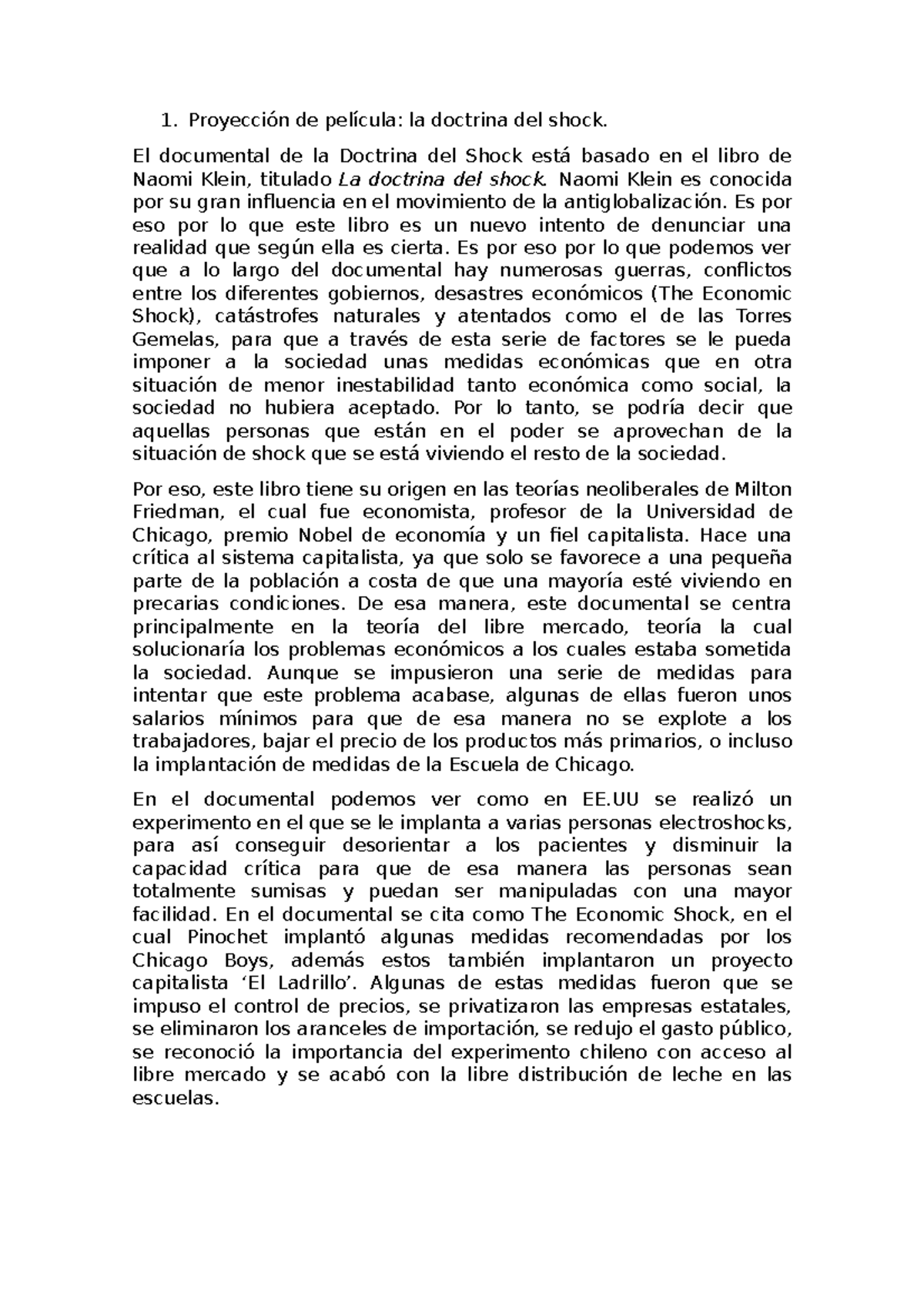 Dossier práctico Doctrina del Shock - Proyección de película: la ...