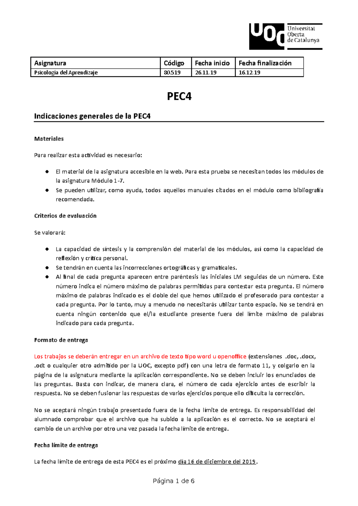 PEC 4 Respuestas - Psicología del Aprendizaje 80 26.11 16. PEC Indicaciones generales de la PEC ...