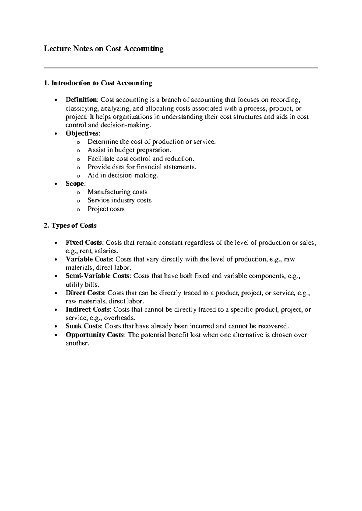 Introduction and types of cost accounting - Lecture Notes on Cost ...