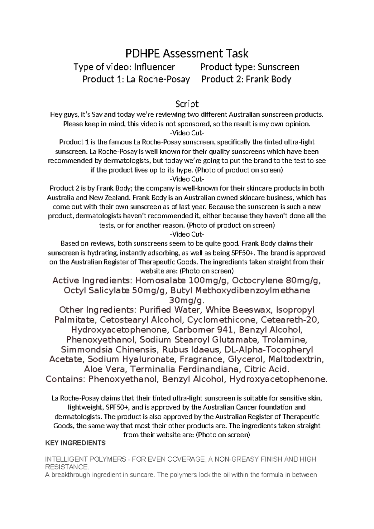 Pdhpe Assessment Task - PDHPE Assessment Task Type of video: Influencer ...