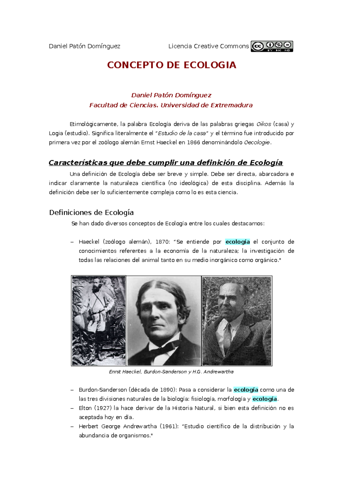 Concepto de Ecologia - CONCEPTO DE ECOLOGIA Daniel Patón Domínguez Facultad de Ciencias ...