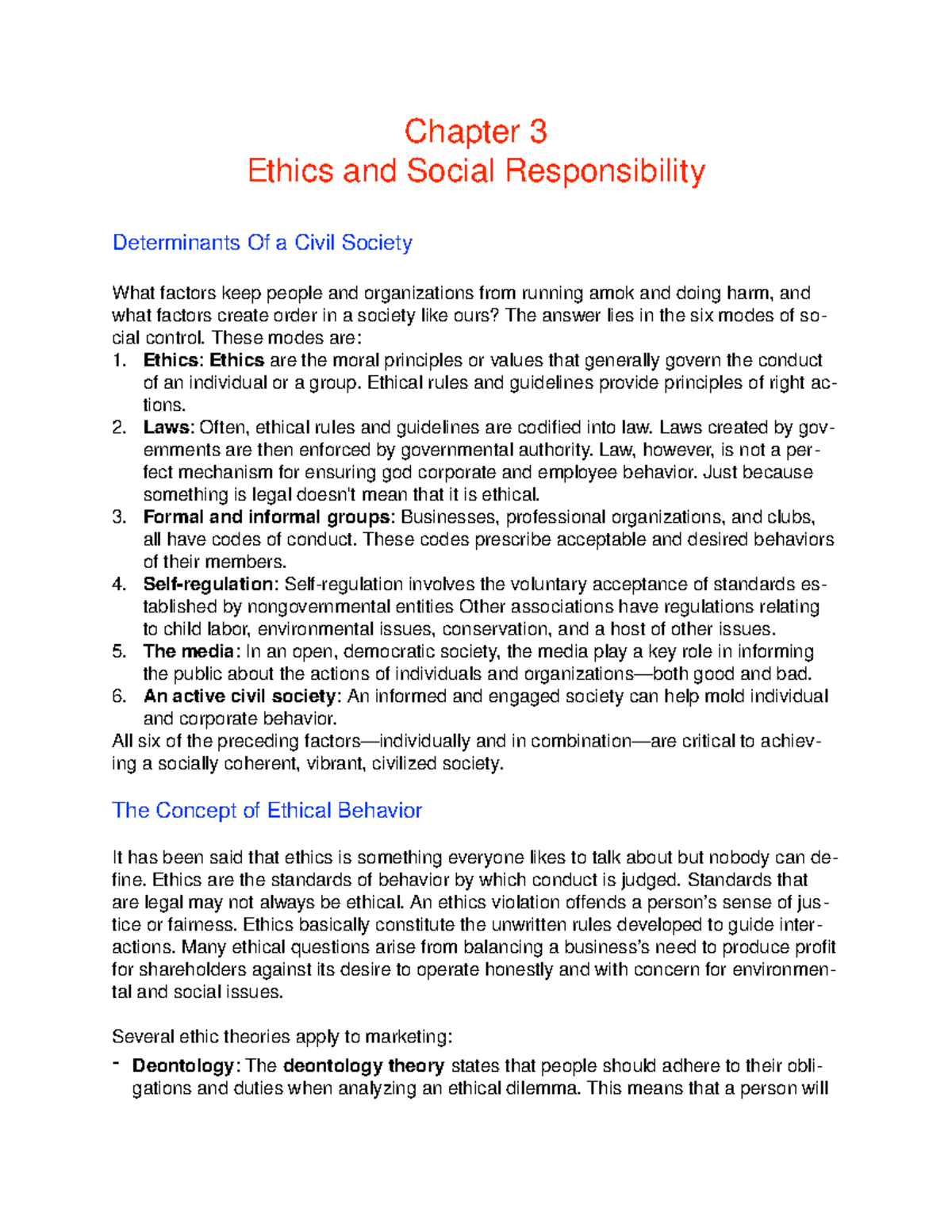 Marketing Chapter 3 - Chapter 3 Ethics and Social Responsibility ...
