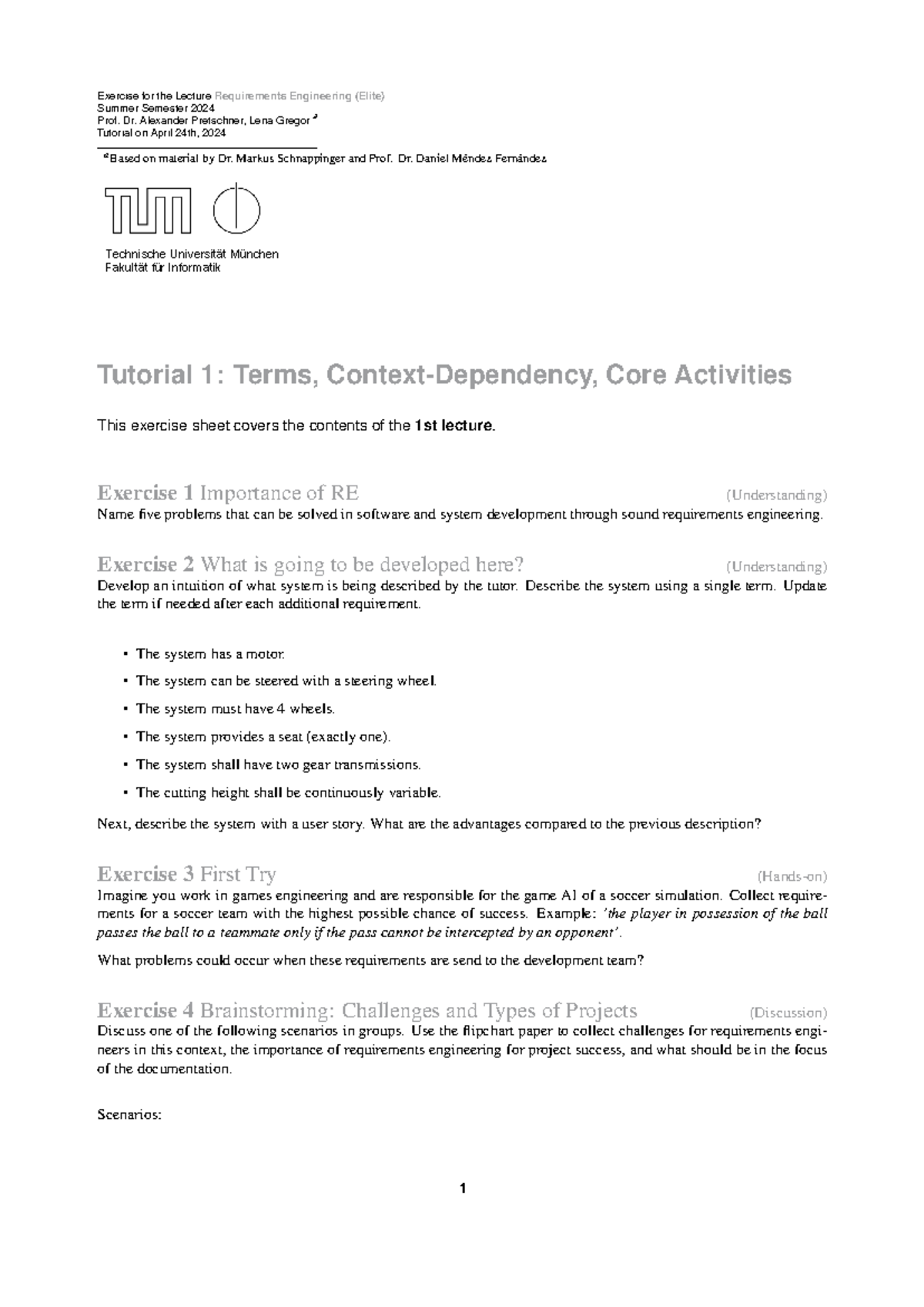 2024 Re Execise 1 Exercise Sheet 1 Exercise For The Lecture Requirements Engineering Elite