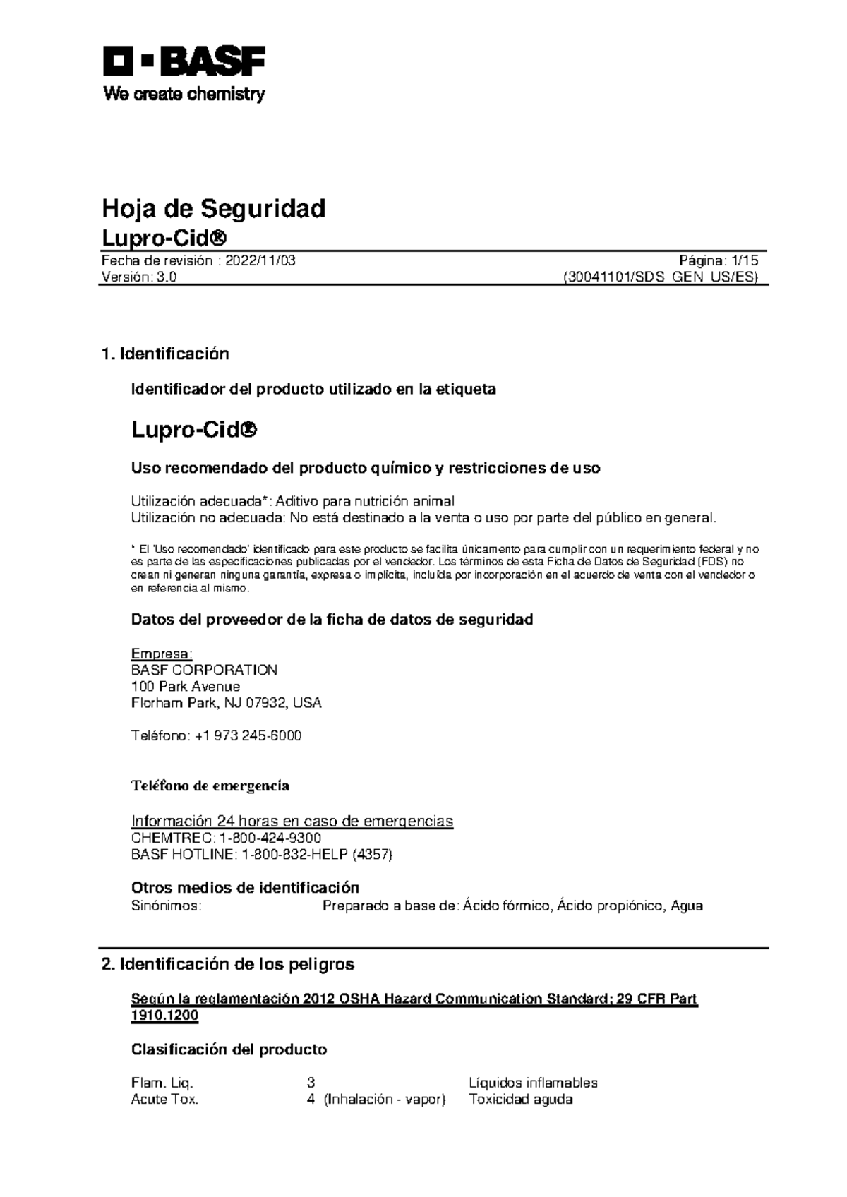 Lupro-Cid 30041101 SDS GEN US es 3-0 - Lupro-Cid Fecha de revisión : 2022/11/03 Página: 1 / 15 ...