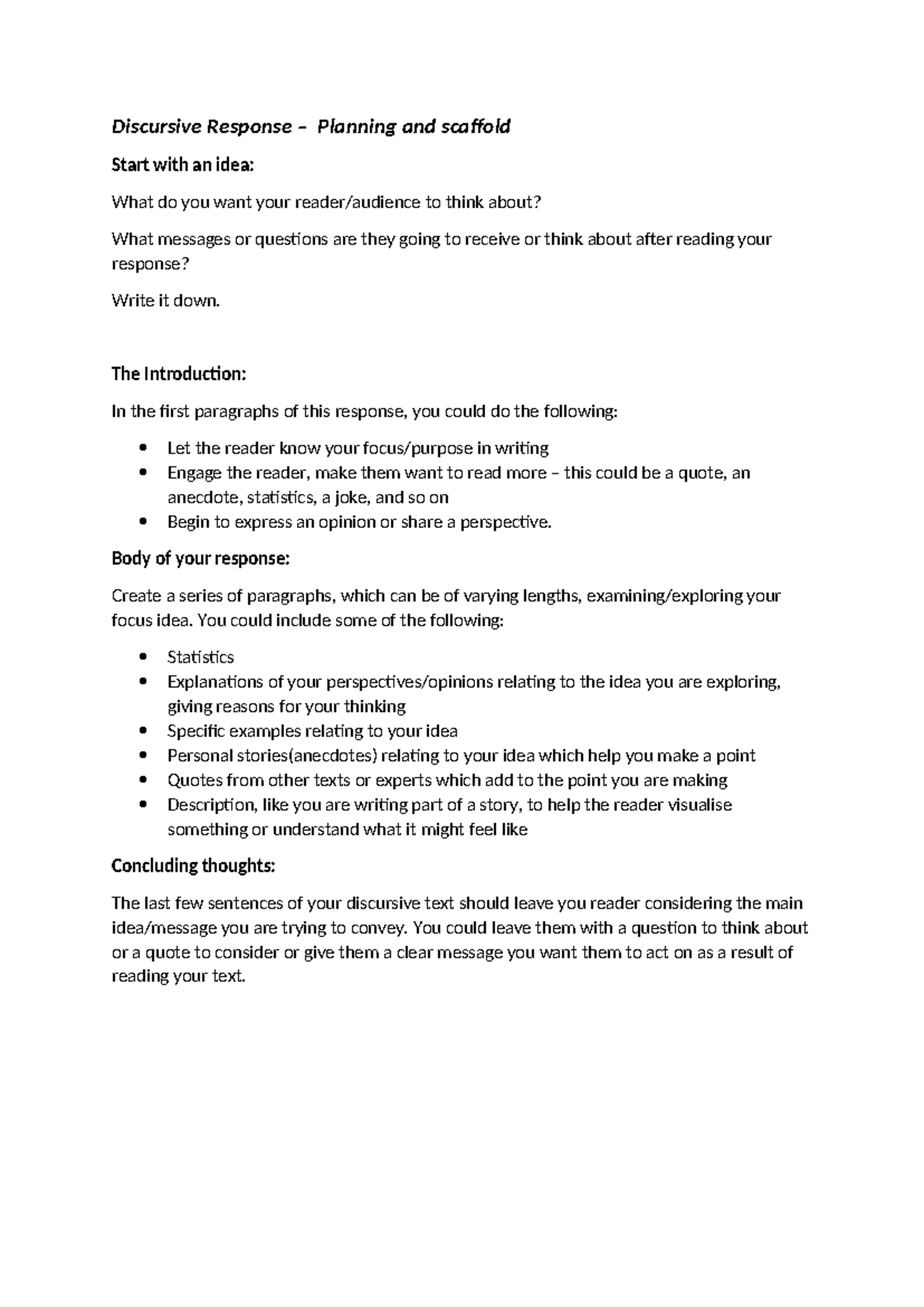 Discursive Response Scaffold - Discursive Response – Planning and ...