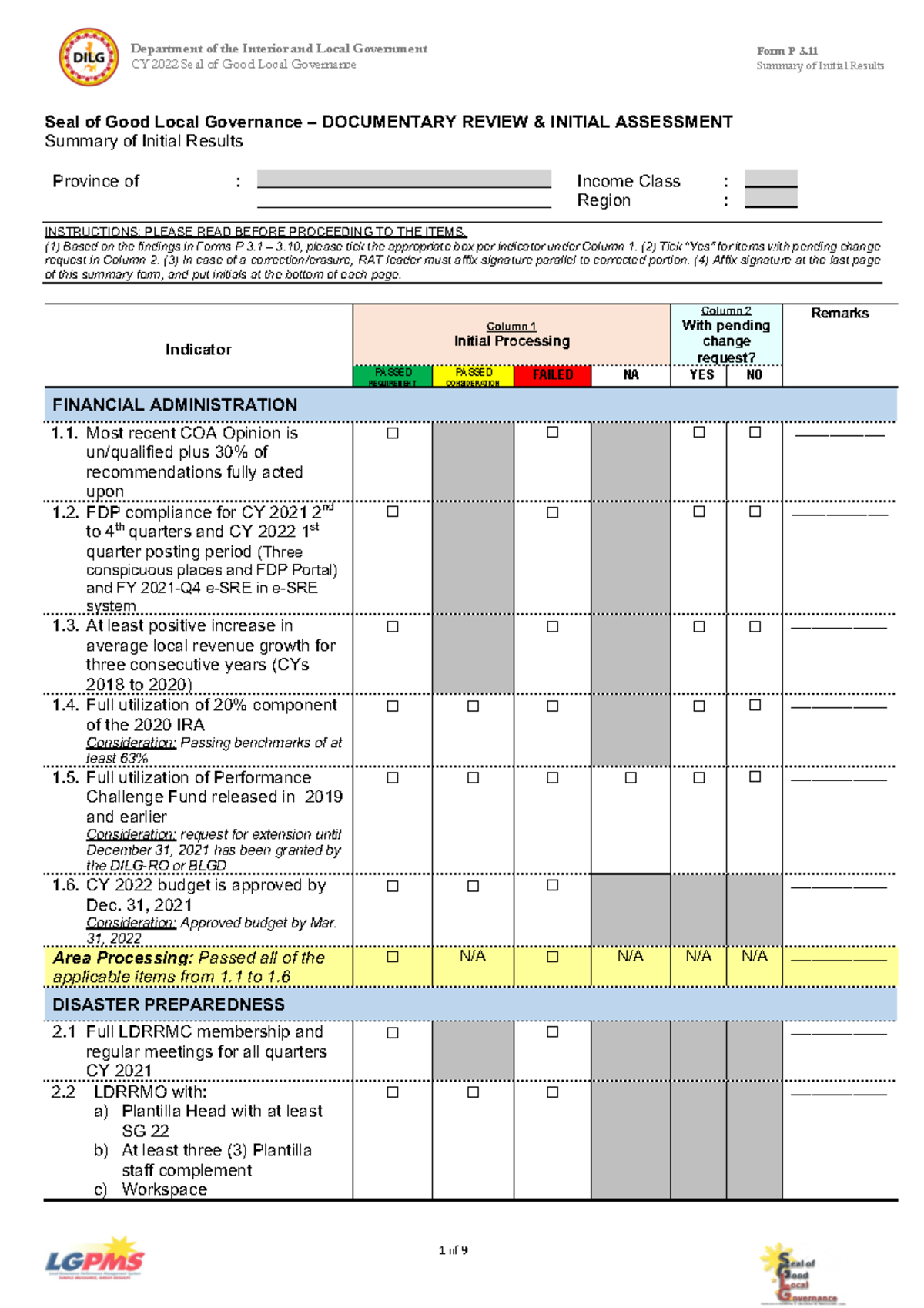 Form 3.11 Summary of Initial Results Prov - CY 2022 Seal of Good Local ...