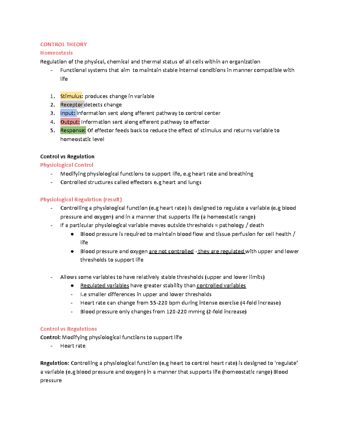 CONTROL MECH Weeks 1-12 condensed - CONTROL THEORY Homeostasis ...