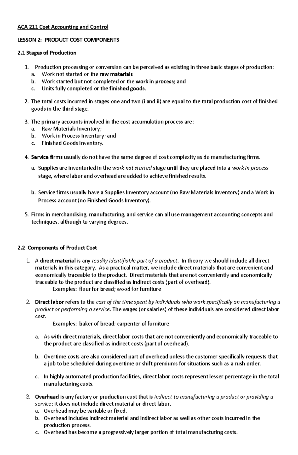 Product Cost, Cost Accounting Pract - ACA 211 Cost Accounting and ...