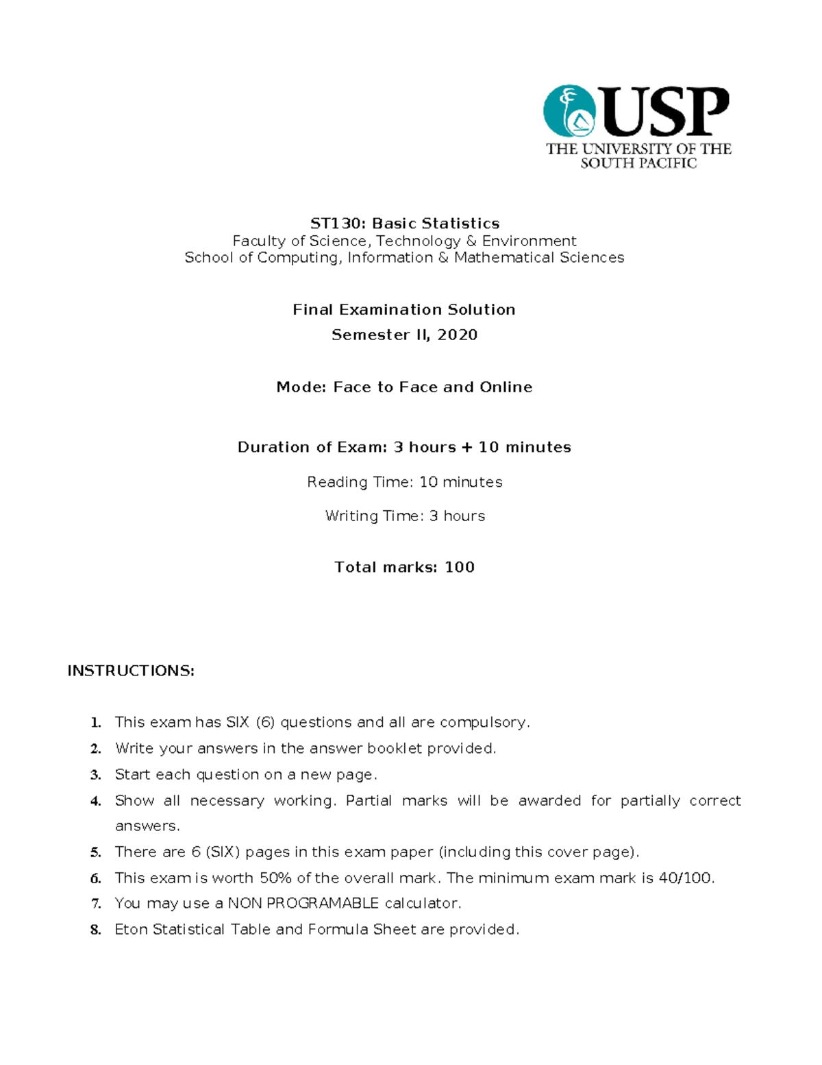 S2 2020 Sol - Paper - ST130: Basic Statistics Faculty of Science ...