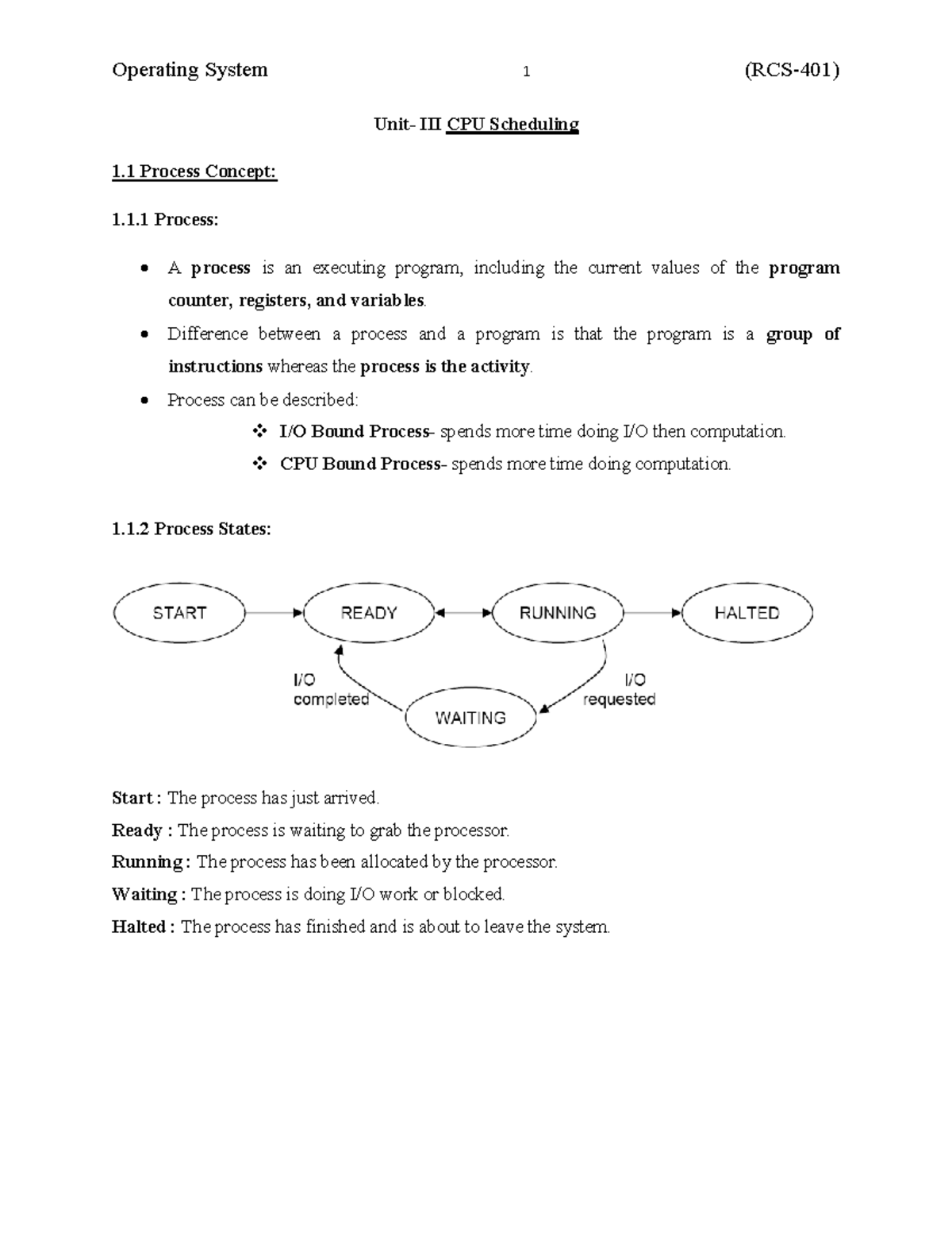 Unit III part 1 os notes - Operating System 1 CPU Scheduling 1 Process ...