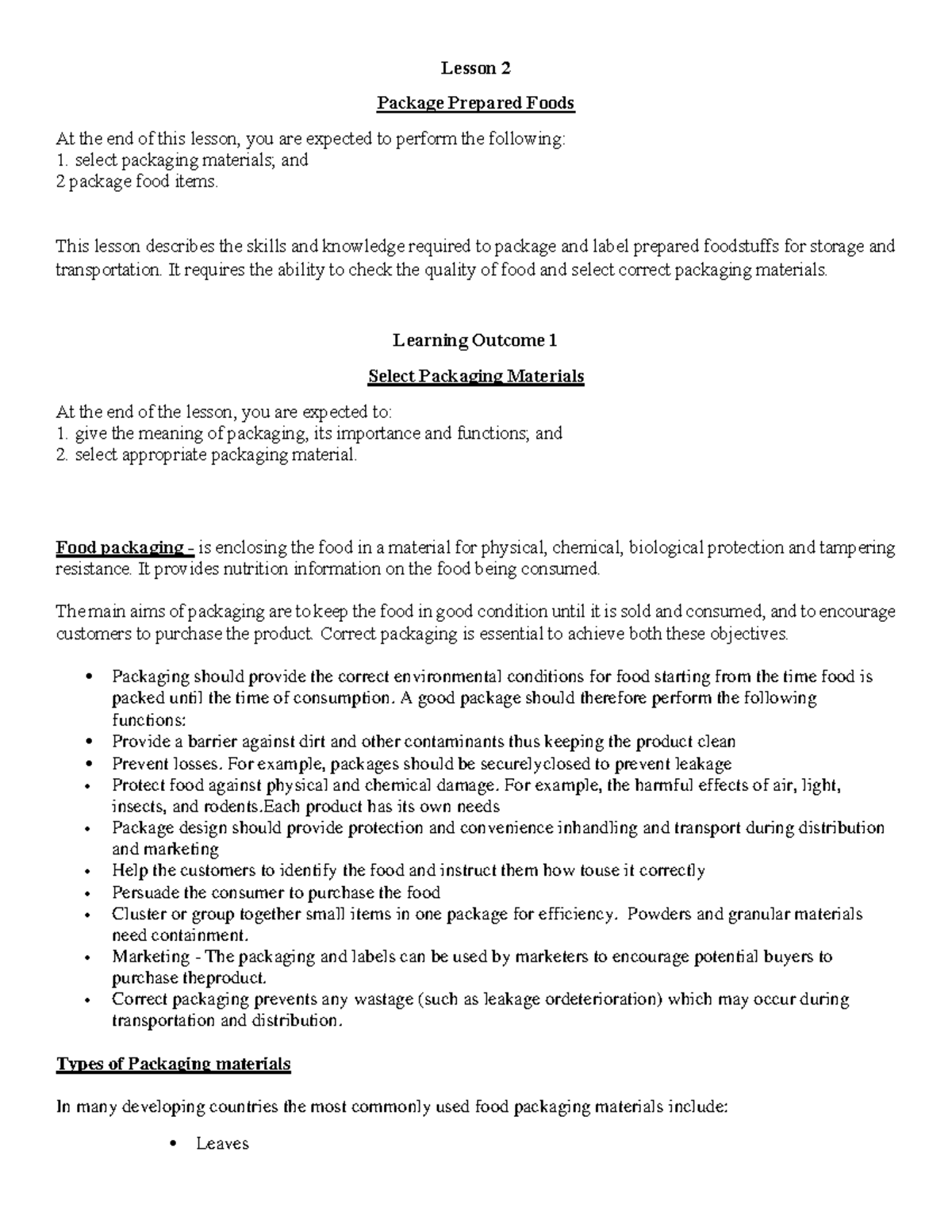 LAS-G-9 Select-Packaging-Materials - Lesson 2 Package Prepared Foods At ...