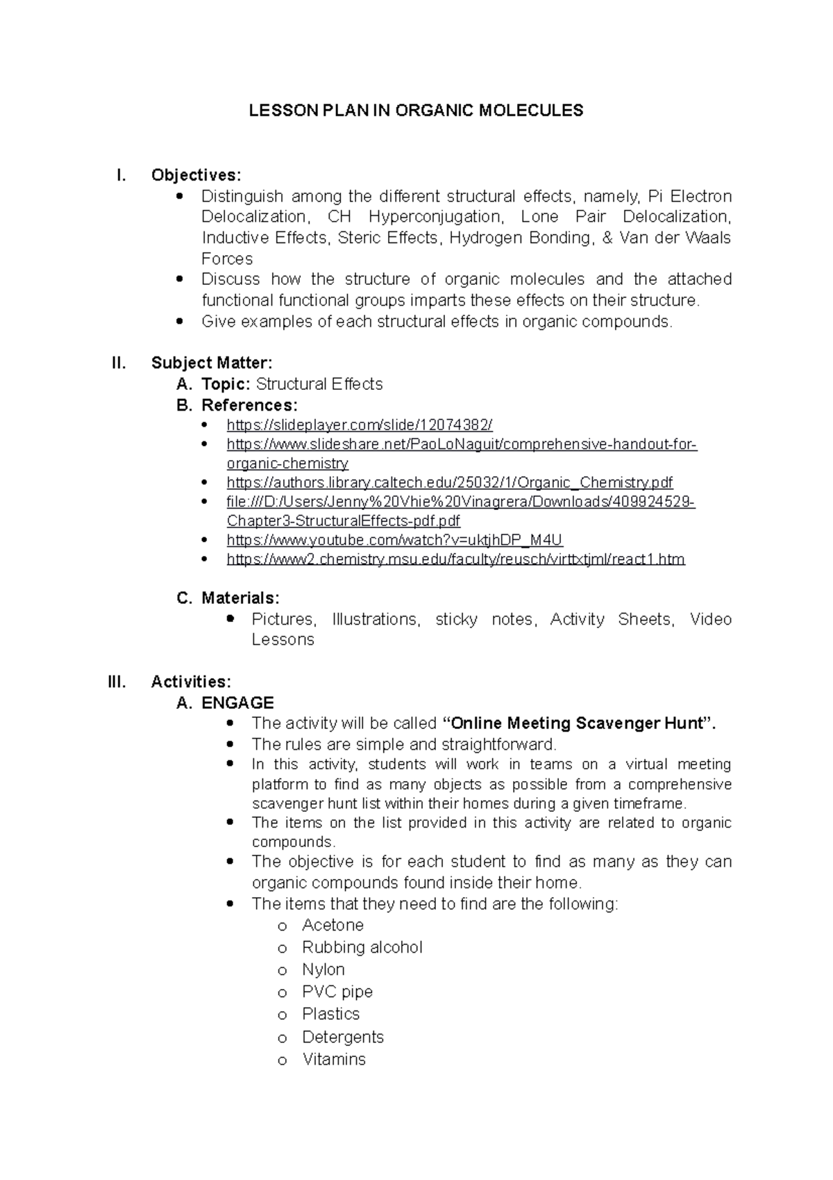 Lesson PLAN IN Structural Effects - LESSON PLAN IN ORGANIC MOLECULES I ...