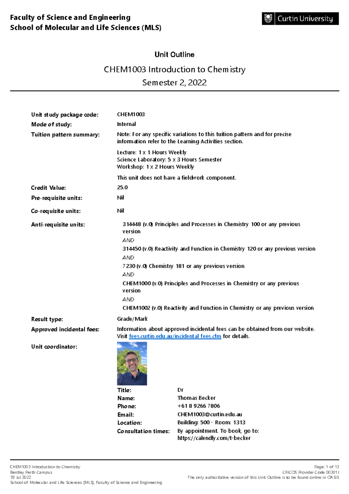 CHEM1003 Introduction to Chemistry Semester 2 2022 Bentley Perth Campus ...