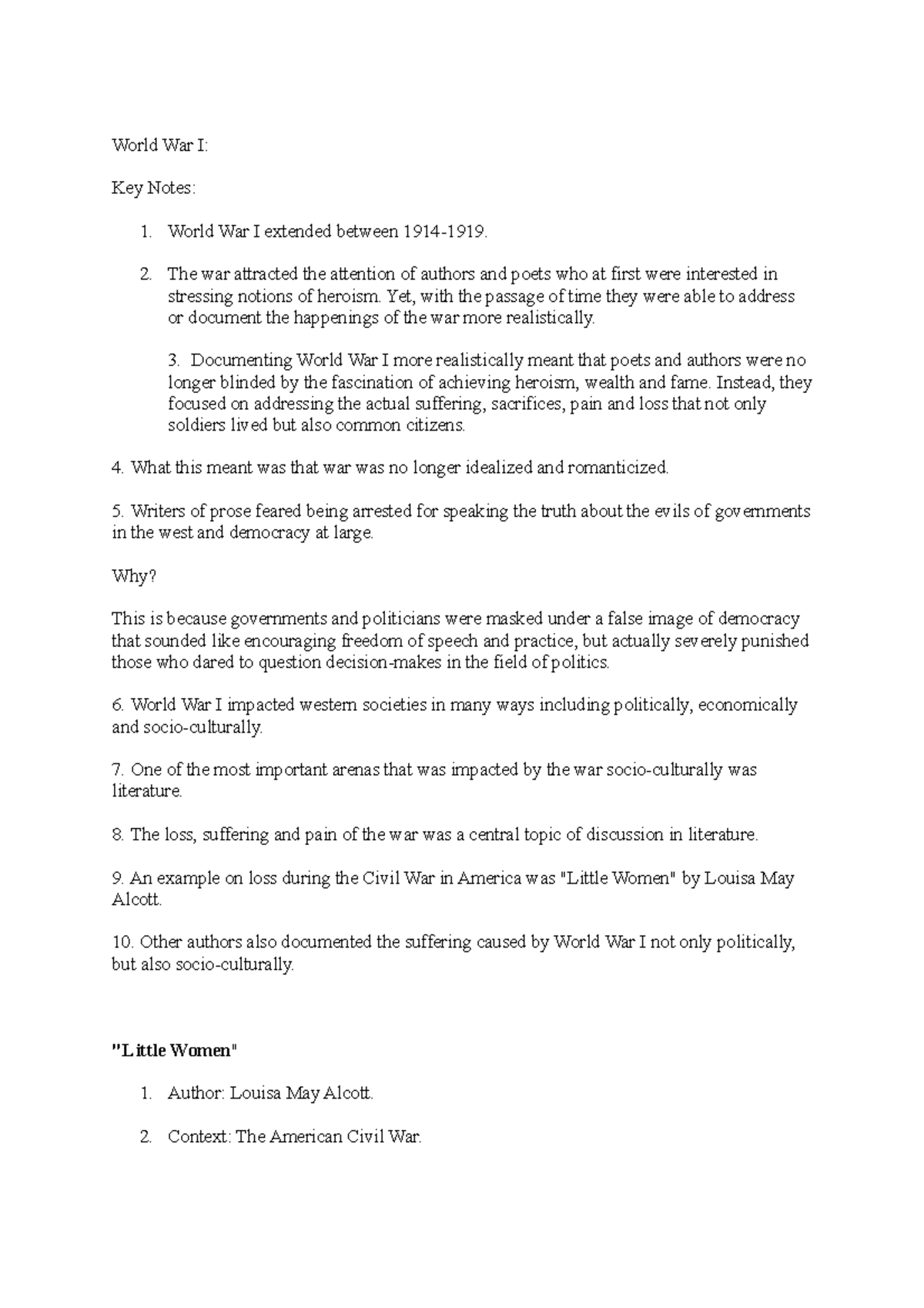 Document - .... - World War I: Key Notes: World War I extended between ...