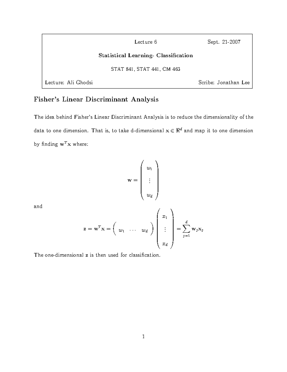 Linear Discriminant Analysis - Lecture 6 Sept. 21- Statistical Learning ...