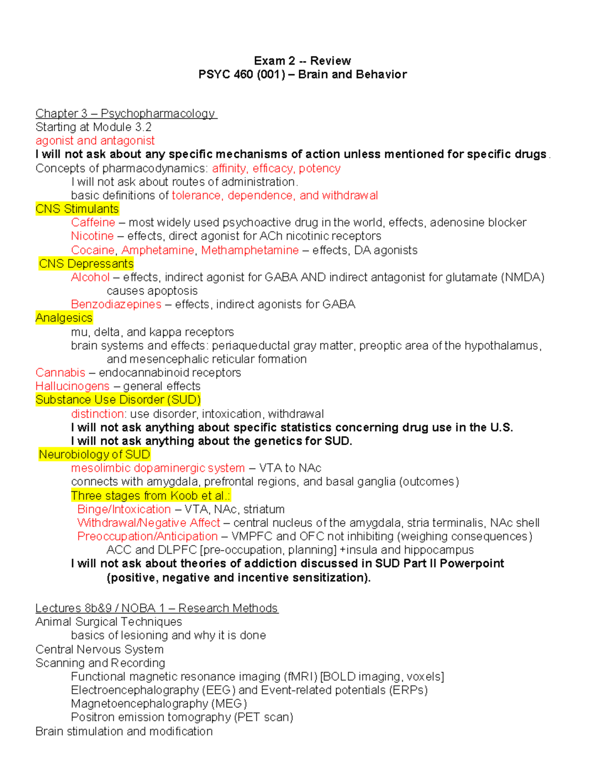 Exam 2 - notes for exam prep - Exam 2 - Review PSYC 460 (001) – Brain ...